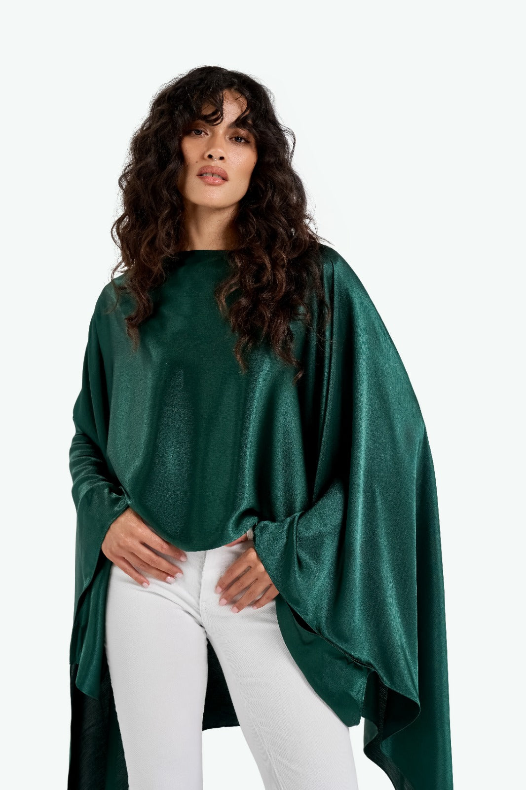 Emerald Green Breezy Satin Poncho – soreva